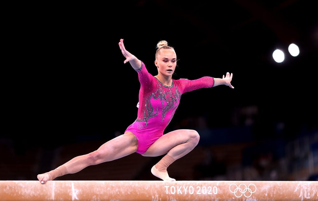 Russian artistic gymnast Angelina Melnikova on the balance beam ...